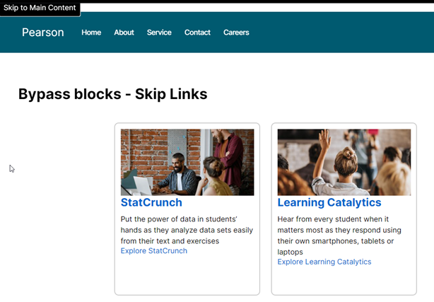 Bypass Blocks Skip Links Developers Reference Library Accessible Assessments Pearson